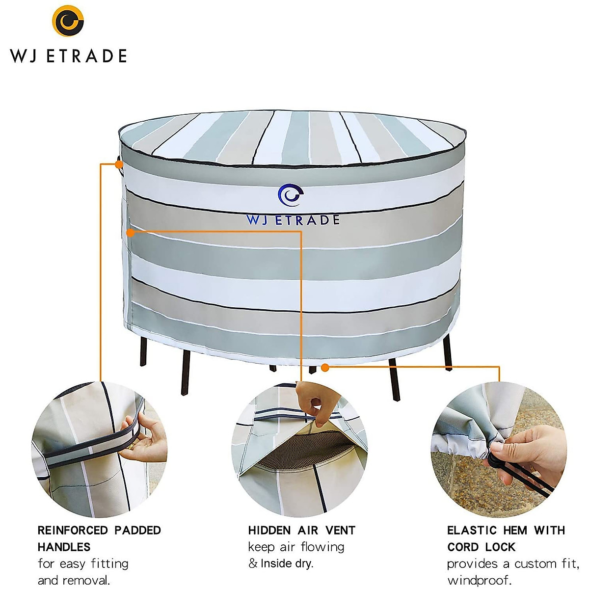 Patio Table Cover, 72"Diax28"H Outdoor Round Medium-Small 4-5 Piece Furniture Set Cover, Heavy Duty Waterproof UV Resistant, Striped