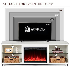 oneinmil Fireplace TV Stand for TV up to 78 Inch for Living Room, 68 Inch Modern TV Cabinet with AElectric Fireplace, Wood Storage TV Console, Media Entertainment Center with Cable Holes,White