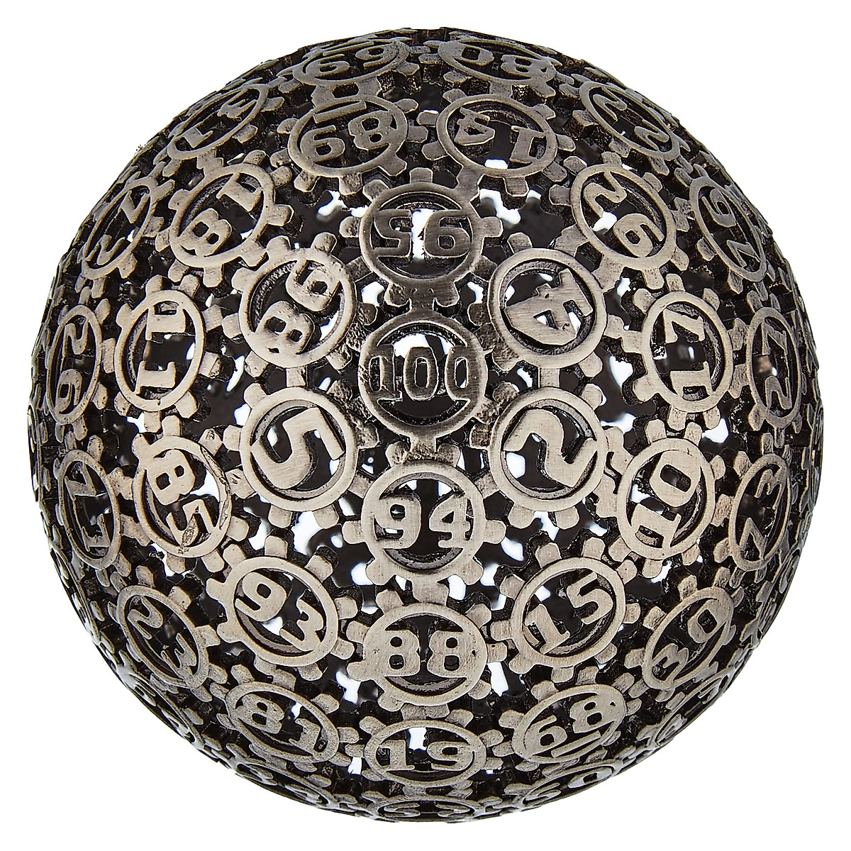 Clockwork Hollow d100 Polyhedral Dice in Protective Case - Giant 45mm Metal 100 Sided Die with Steampunk Gears - Premium Novelty Tabletop RPG Fantasy Accessory Roleplaying Games DND (Ancient Silver)