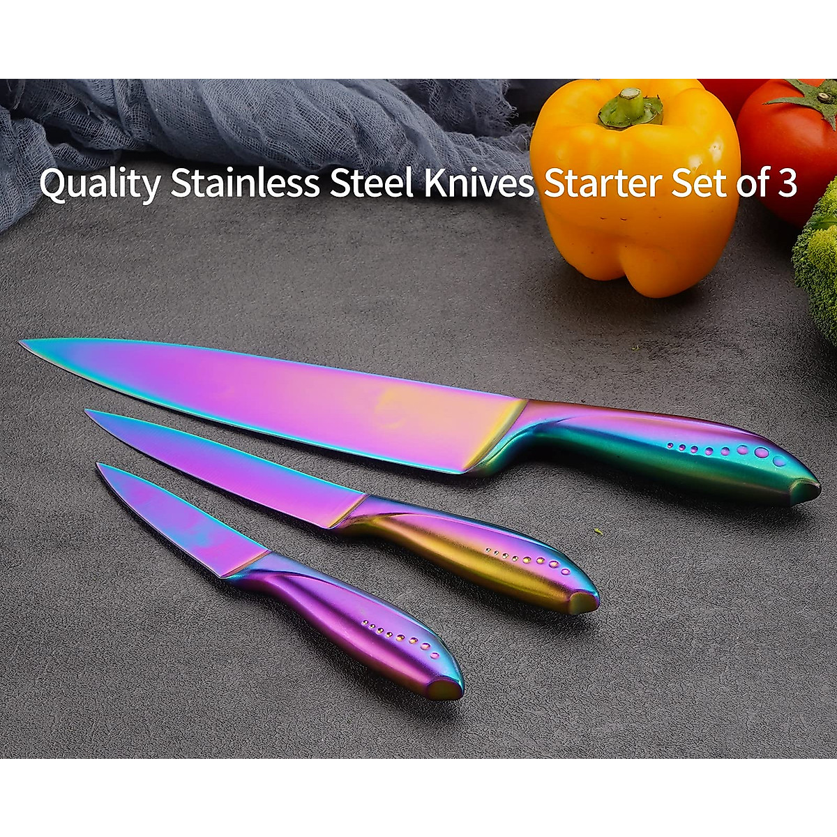 Hollory Rainbow Kitchen Knife Set 3 Piece, Razor Sharp German Stainless Steel Blade with 8 in Chef, 5 in Utility, 3.5 in Paring – Starter Set with Gift Box