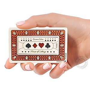 House of Cribbage - 2 Track - Wooden Travel/Pocket Size Cribbage Board - 4 Inch - Inlaid in Maple Wood/Bloodwood with Storage Space for Cribbage Pegs - 60 Points - Non Continuous