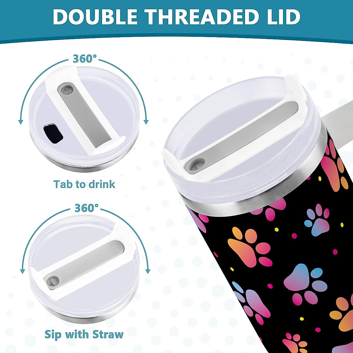 ARGTILDN 40 oz Tumbler Dog Paws Footprint Insulated Travel Mug with Handle and Straw Lid Stainless Steel Vacuum Coffee Cup Tea Beverage Container Water Bottles for Car Sports office