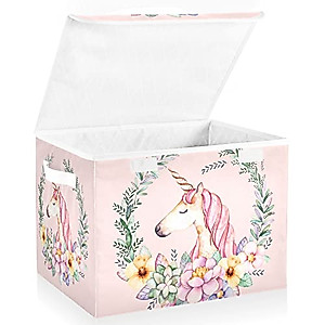 Kigai Valentine Unicorn Flower Lidded Home Storage Bins, Foldable Storage Basket with Double Handle, Flip-Top Storage Box for Toys Clothes Documents