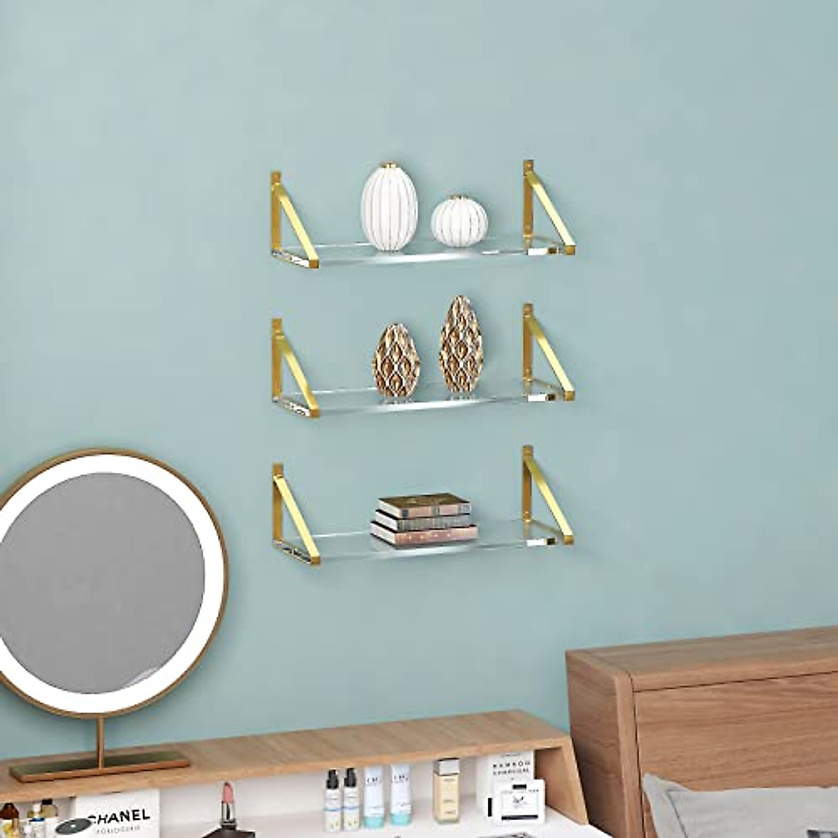 Gold Shelves Crystal-Clear Acrylic Floating Shelves,Gold Floating Shelves,Gold Wall Shelf,Sturdy Thickness 10mm(0.4inch) Acrylic Shelves for Wall Decor,Gold Shelving for Living Room Decor Set of 3.