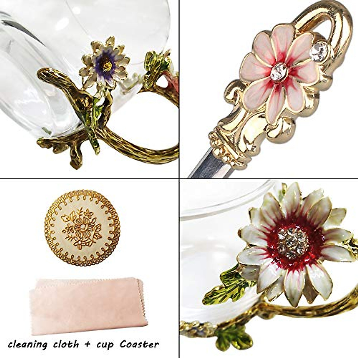 JY-Danbady Enamel Sunflower Crystal Lead-Free Glass Tea Cup with Spoon Set, Present for The Christmas, Valentine's Day.Best Present for Mother, Grandma, Girlfriend, Sister.