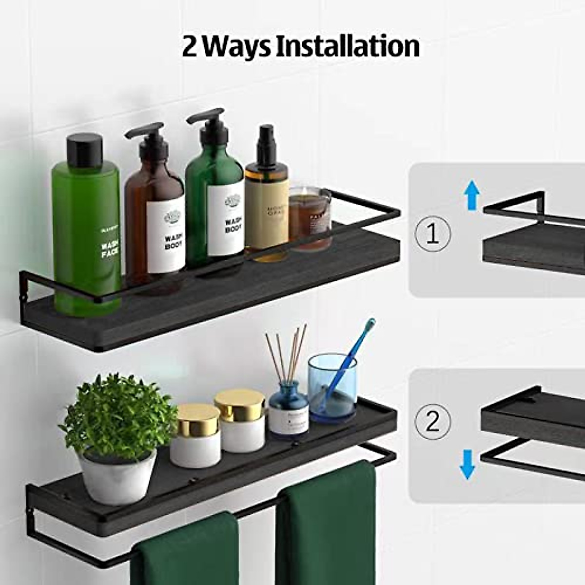 Meangood Floating Shelves Wall Mounted Set of 2, Rustic Wood Wall Storage Shelves for Bedroom,Living Room,Bathroom, Kitchen (Black)