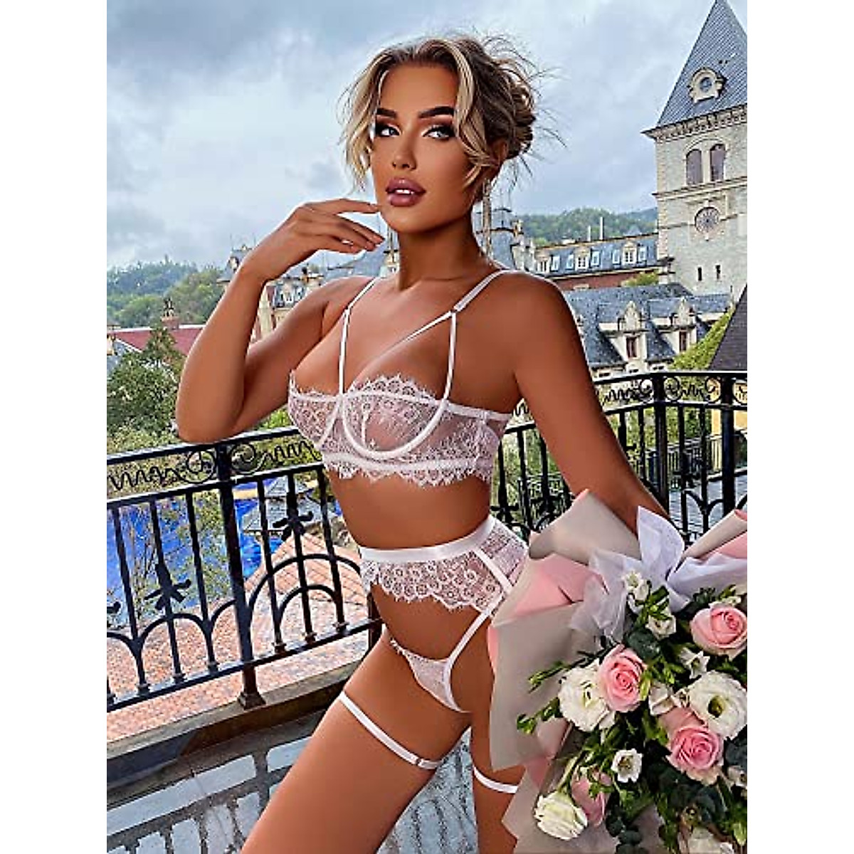 WDIRARA Women's Sexy Floral Lace Cut Out Underwire Garter Belt Bra and Panty Lingerie Set with Leg Rings White L