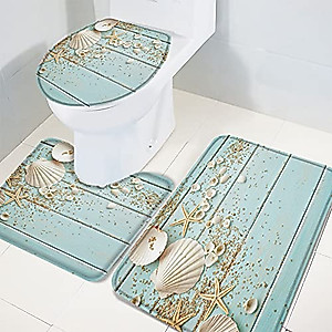 Apular Fashion 3 Piece Bath Rugs Set Starfish Beach Seashell Sand Wood Grain Board Printed Non Slip Ultra Soft Bathroom Mats, U Shape Mat and Toilet Lid Cover Mat Bath Mats