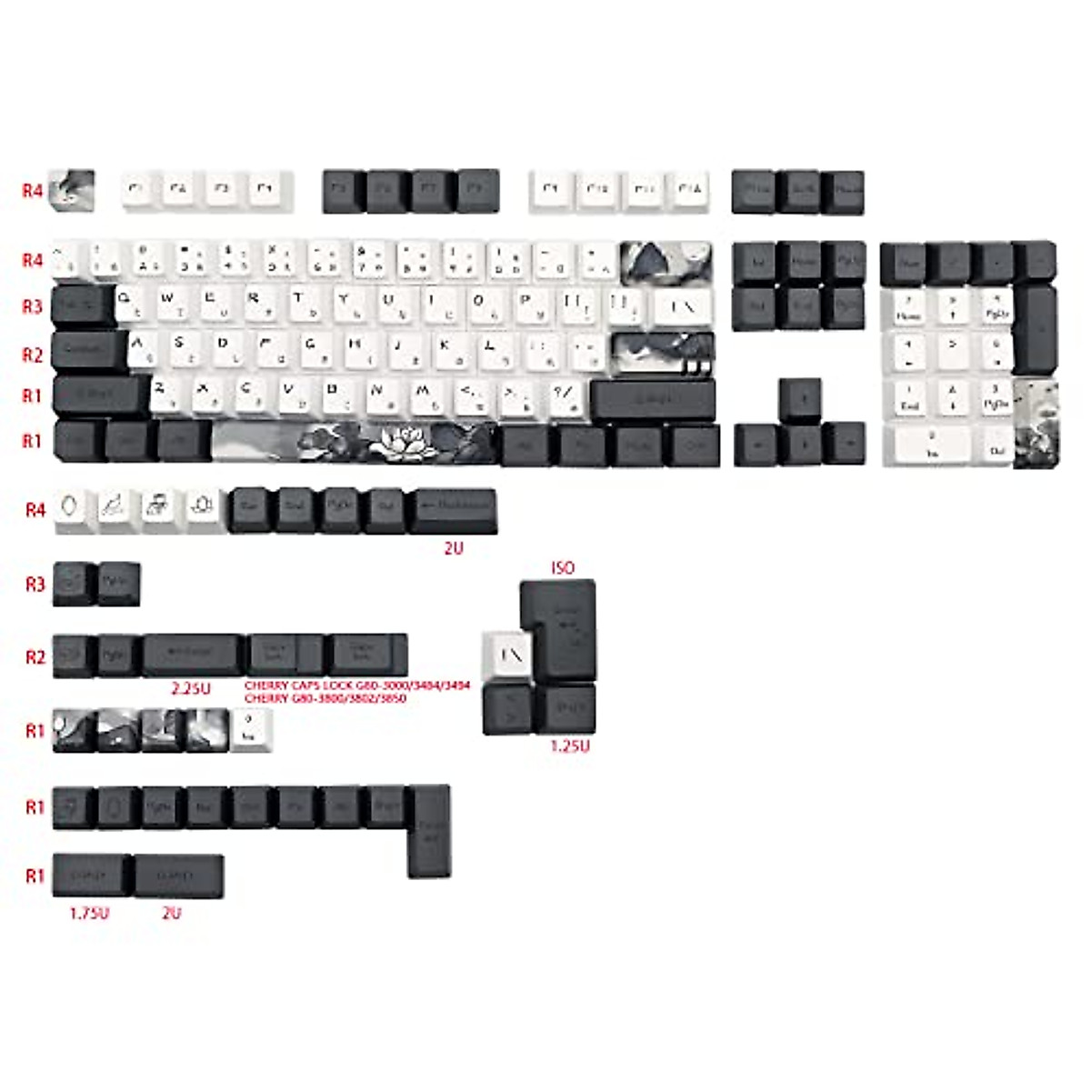 JSJT Ink Lotus Keycaps OEM Profile Japanese Keycaps 140 Keys PBT Dye Sublimation Custom Keycaps Suitable for GK61/64/68/84/87/96/980/104/108 Cherry MX Switch ANSI/ISO Layout Mechanical Keyboards