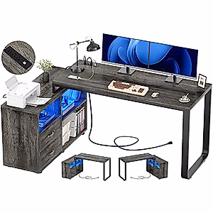 Homieasy L Shaped Desk with File Cabinet & Power Outlet, Reversible 55 Inch Large Corner Computer Desks with LED Strip, L-Shaped Computer Desk with Drawers and Storage Shelves for Home Office, Grey