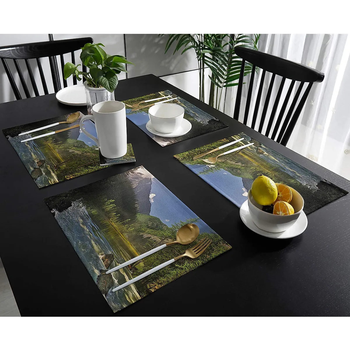 Placemats Set of 4, Flowing River and Pine Trees with Scenic Mountain Place Mats Dining Table Mat for Kitchen Washable Place Mats Heat-Insulation Non-Slip Plate Cup Mats for Table Decor, 13 x 19 Inch