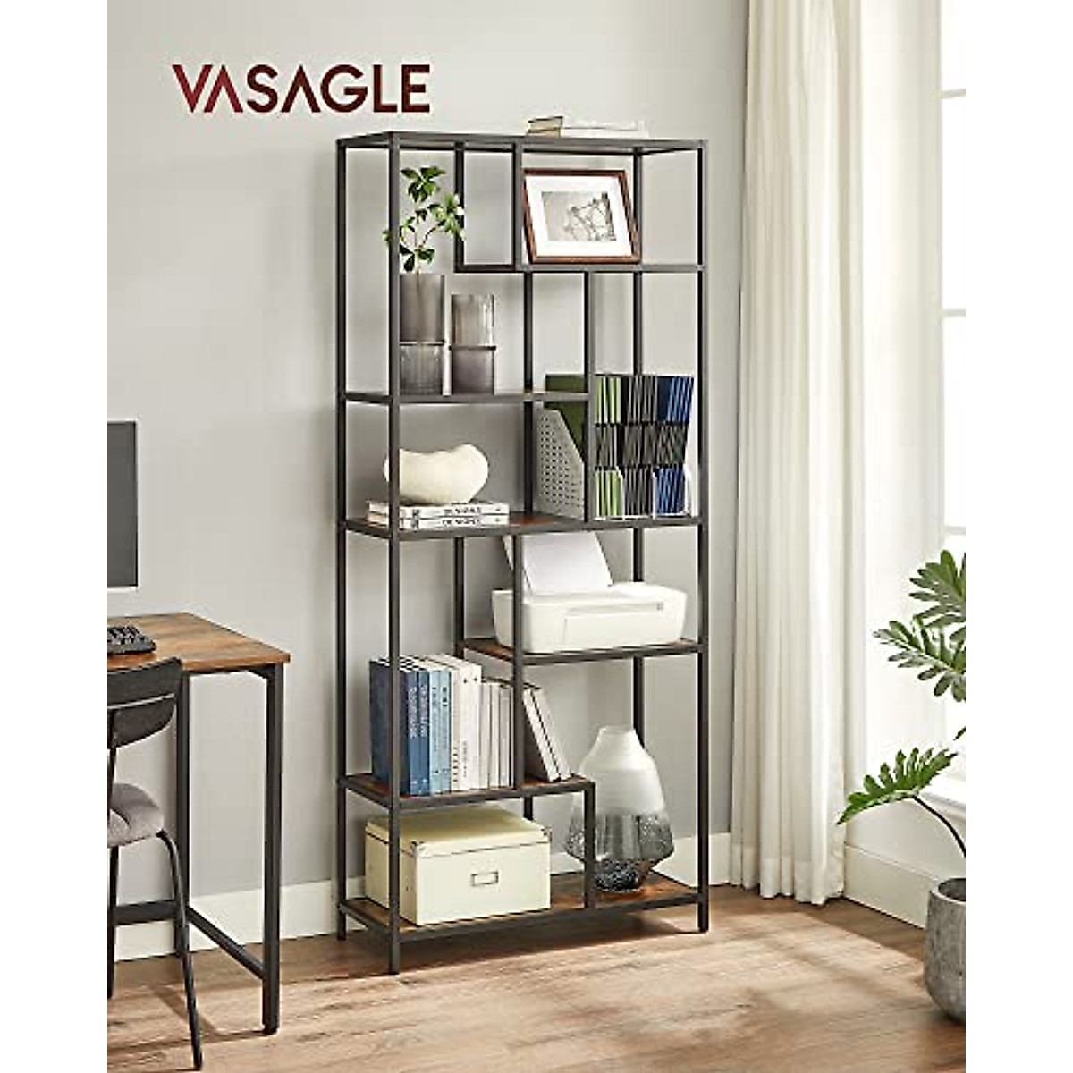 VASAGLE Bookshelf, 6-Tier Tall Bookcase, Display Shelf, Plant Stand, 11.8 x 31.5 x 70.9 Inches, Particleboard, for Study, Office, Living Room, Bedroom, Kitchen, Rustic Brown and Black ULLS119B01