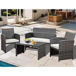 JAMFLY 4 Piece Patio Furniture Set, Outdoor Furniture Set Patio Wicker Conversation Set with Cushions and Tempered Glass Tabletop for Lawn Backyard Pool Garden