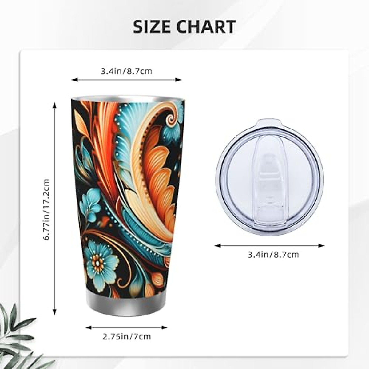 AYCZN Ethnic Feather 20 OZ Tumbler Stainless Steel Travel Coffee Mug, Vintage Flower Floral Insulated Water Bottle with Lid and 2 StrawsLeakproof Thermal Cup