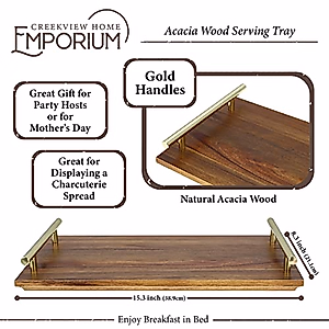 CreekView Home Emporium Acacia Wooden Serving Tray with Handles in Gold - 8x15in Rectangle Rustic Wood Serving Tray