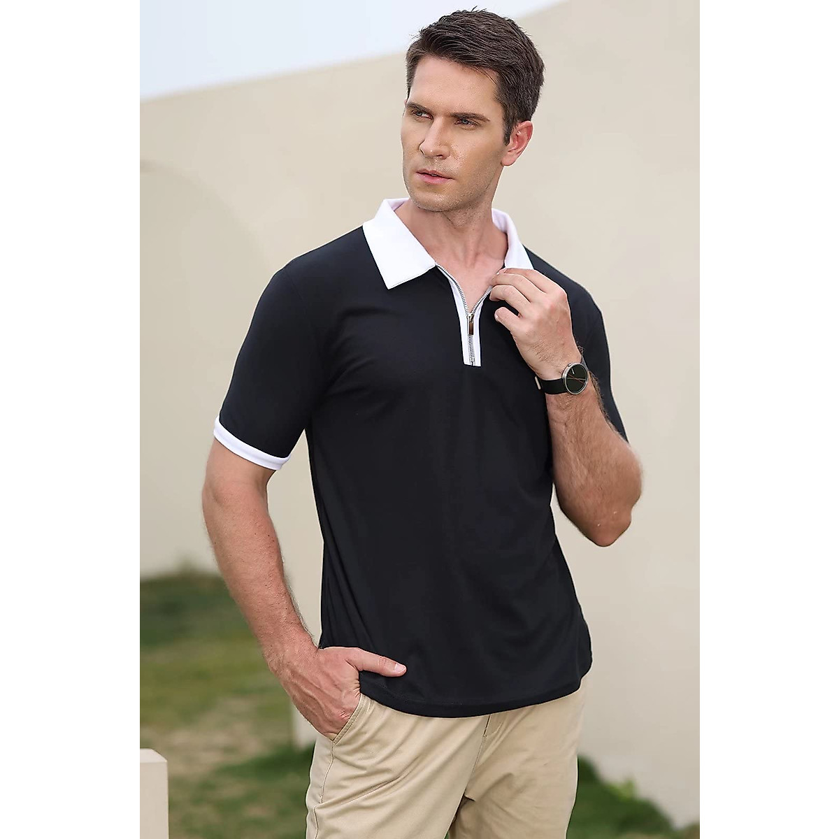 Rela Bota Men's Short Sleeve Polo Shirts Fashion Zipper Polos Casual Slim Fit T-Shirt Black with White 2XL