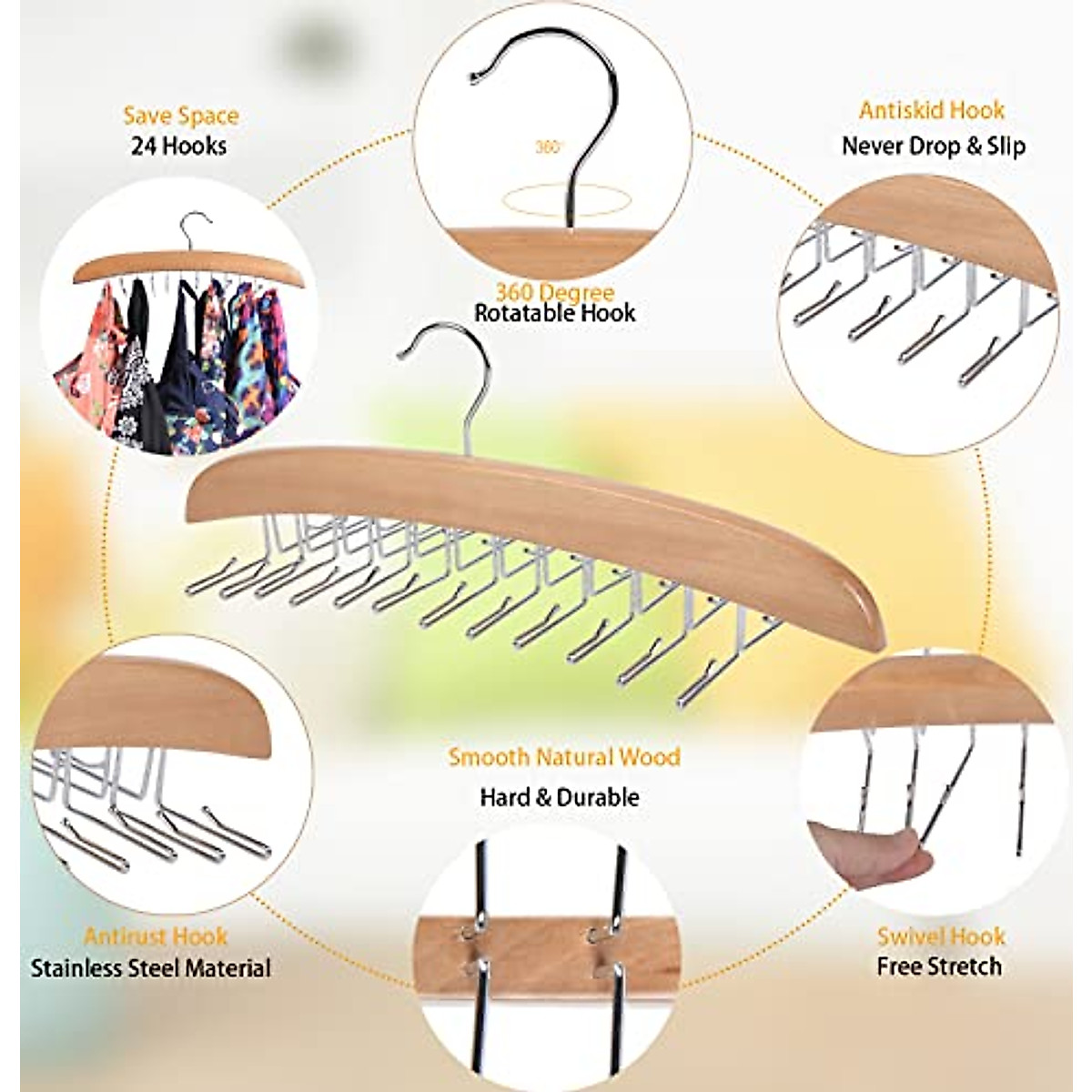 ChezMax Tank Top Hanger with 24 Hooks, Space Saving Hangers, Hanging Bras Tank Tops Ties Scarfs Hanger Organizer for Closet and Storage, 360° Rotating, Foldable Metal Hooks (Pack with U-Shape Hook)