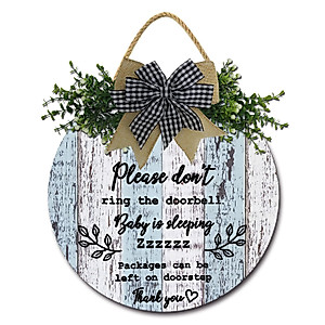 Sokomurg Baby Sleeping Sign for Front Door 11Inch Please Don't Ring The Doorbell Baby Is Sleeping Packages Can Be Left On Doorstep Thank You Round Wooden Door Hanger for Baby Room Nursery Front Door Door Knob Decor