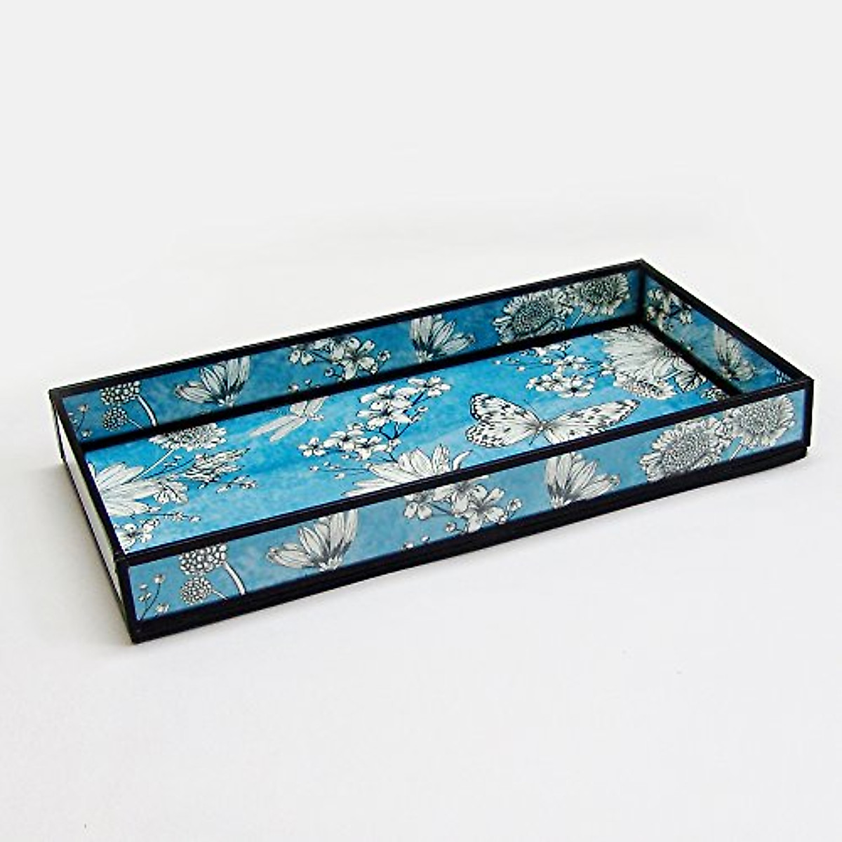 nu steel Decorative Glass Blue Printed Floral Tray, Hand Storage, Towel Rack, Sturdy Holder for Disposable Paper Napkins-Bathroom Vanity Countertop