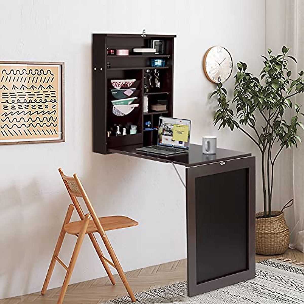 IFANNY Wall Mounted Desk with Storage Shelves, Folding Desk for Wall with Chalkboard, Fold Down Table Wall Mount, Small Floating Desk No Assembly Required (Brown)
