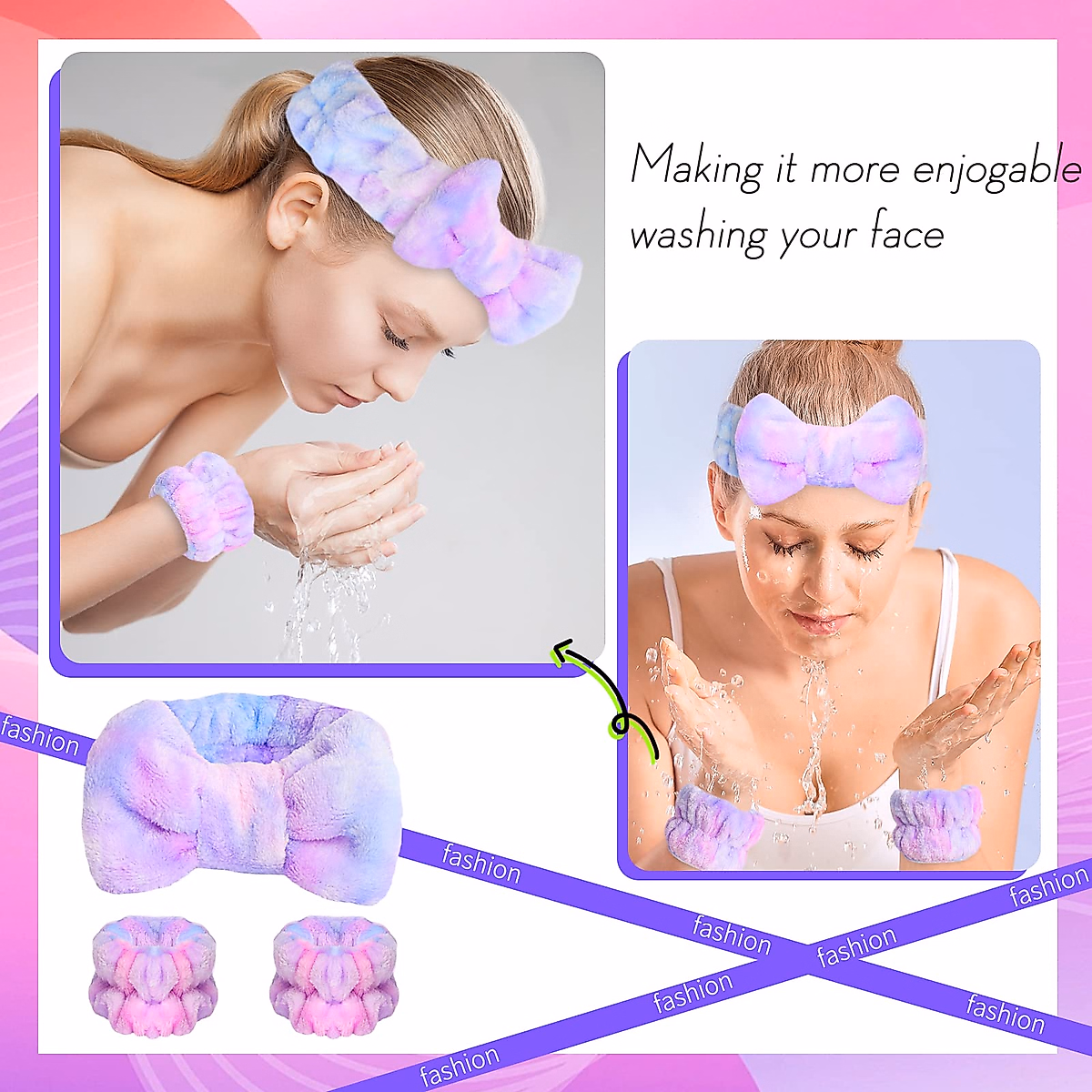 WSYUB Spa Headband and Matching Wrist Bands for Washing Face, Fuzzy Skincare Bow Headbands, Soft Facial Makeup Head Bands, Shower Hair Sleepover Party Supplies