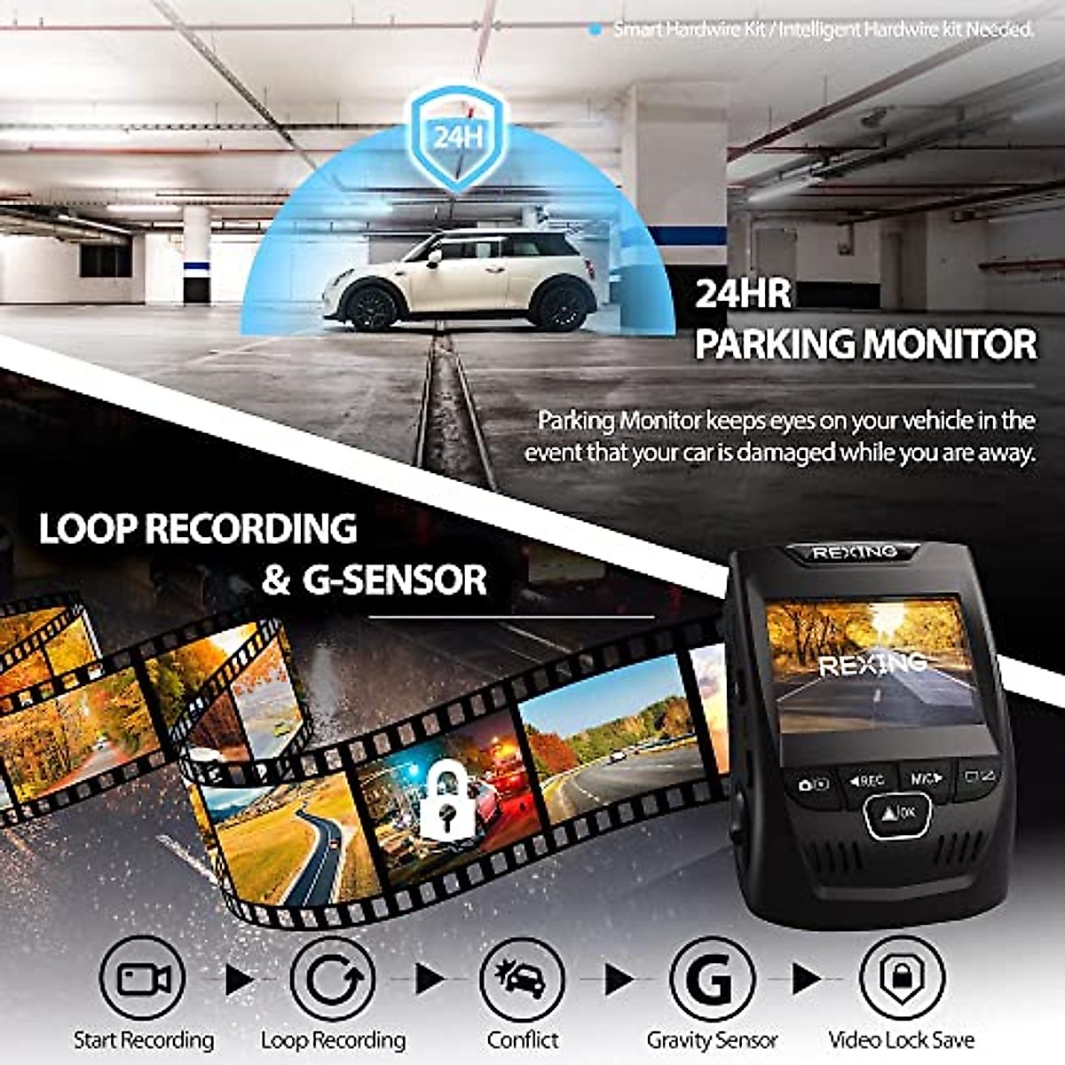 Rexing V1PGW-4K 2.4" LCD 2160p Front + 1080p Rear W/Built-in GPS, Wi-Fi 170° Wide Angle Dual Channel Dashboard Camera Recorder Car Dash Cam with Rear Cam,G-Sensor,WDR,Loop Recording,Mobile App (2022)