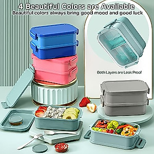 DaCool Lunch Box Adults Bento Box - 74 OZ All-in-One Stackable Lunch Box Containers for Adult Large Bento Box with Fork Spoon Sauce Boxes, Leakproof Lunchbox for Work School Dining Out, Morandi-Green
