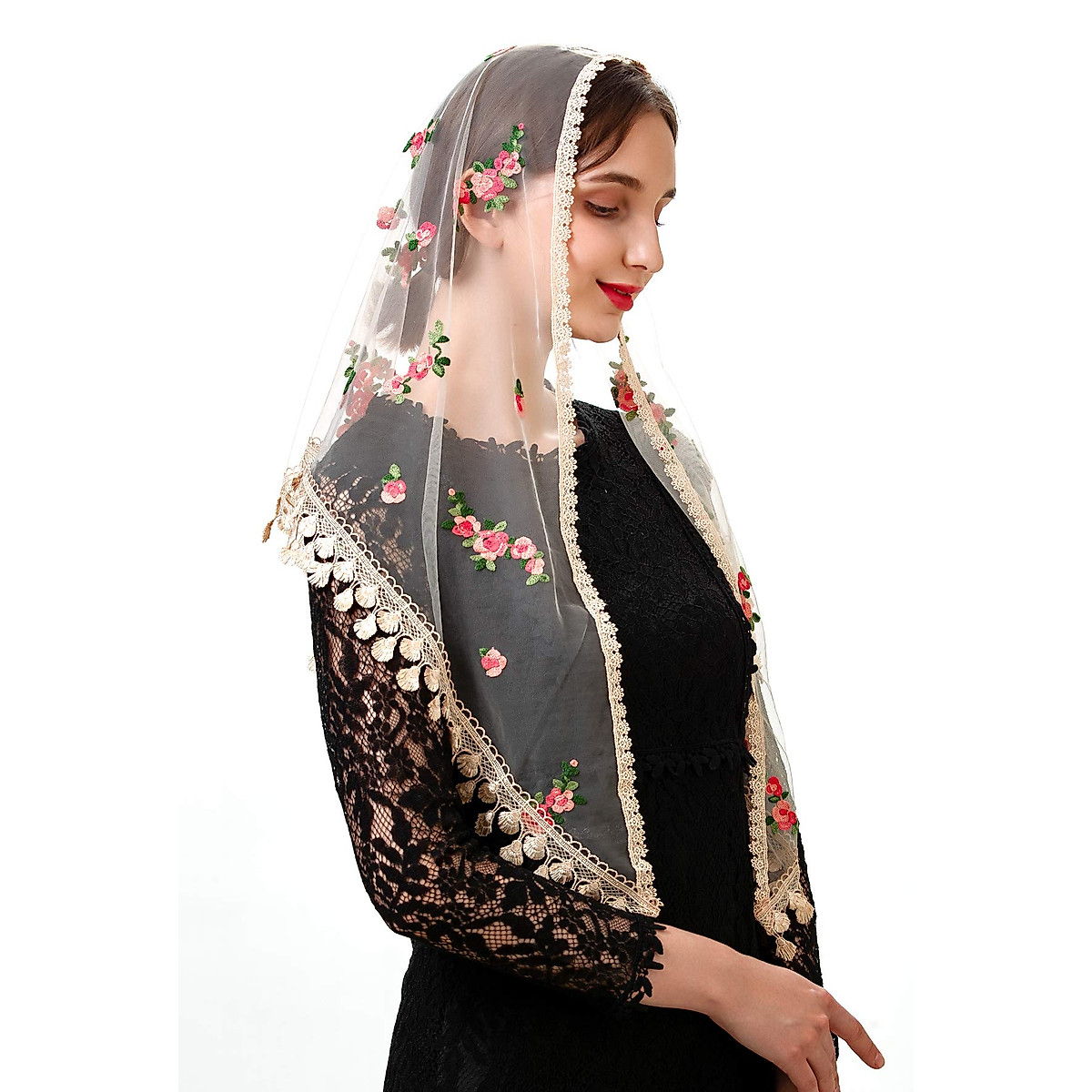 PAMOR Triangle Little Flower Chapel Veils Embroidered Scarf Shawl Latin Mass Head Covering Mantilla Veil for Church (Champagne Rose)