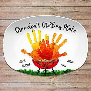 Camcam Handprint Custom Grilling Plate Personalized Platter For Father's Day Daddy's Handprints Of Dad And Son Daughter Serving Trays Plates Fish Dish, Steak, 10'' x 14''