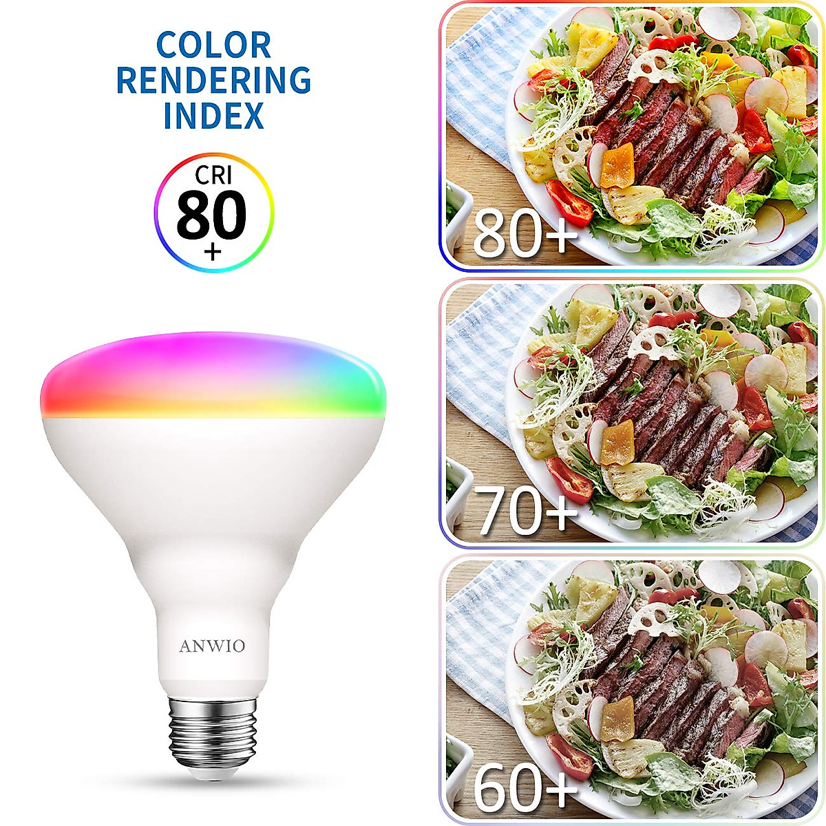 ANWIO Smart Light Bulb BR30 RGB Color Changing LED WiFi Dimmable Multicolor Light Bulbs E26 Base, Compatible with Alexa, Google Assistant, No Hub Required, 1300 Lumen 13W (100W Equivalent) 2 Pack