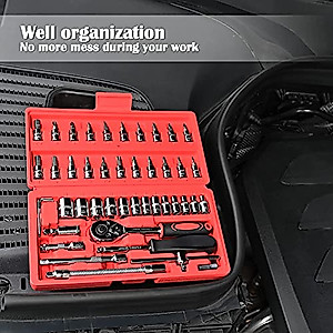 Egofine 46 Pieces 1/4 inch Drive Socket Ratchet Wrench Set, with Bit Socket Set Metric and Extension Bar for Auto Repairing and Household, with Storage Case