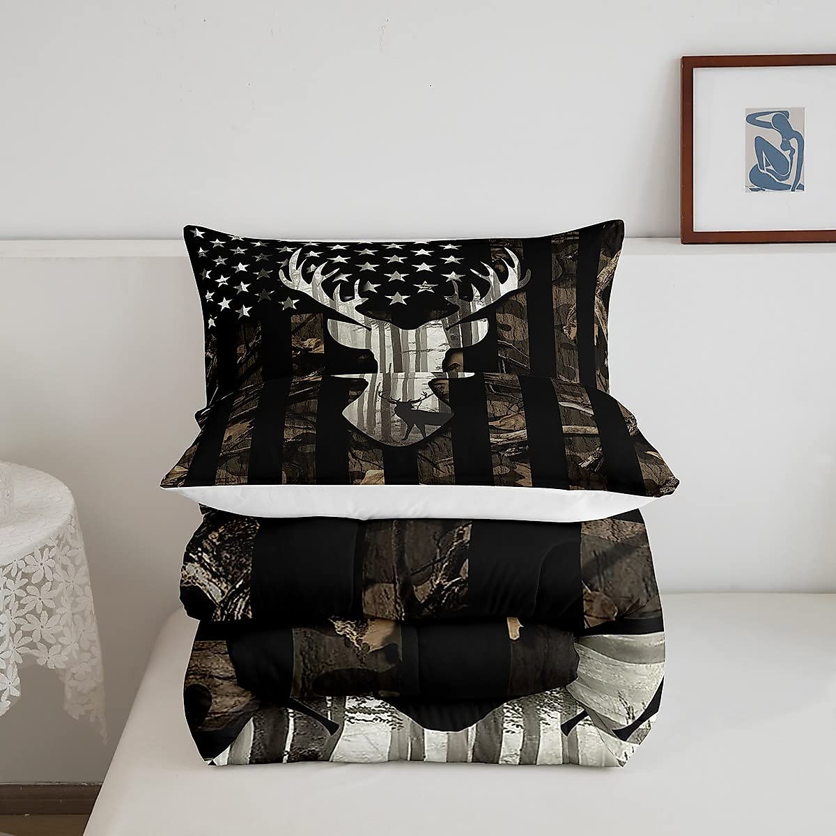 Castle Fairy Deer Antlers Camo Comforter Set Queen Size+Throw Pillow Cover 18x18 Inch