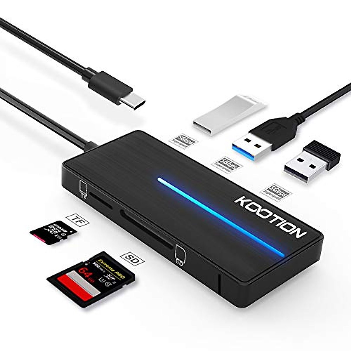 KOOTION 5-in-1 USB-C Hub with SD Card Reader USB C to USB 3.0 Hub, Ultra-Slim Type-C Hub USB 3.0 Adapter for SD Card/Micro SD Card with LED Light, 3 x USB 3.0 Port, Card Reader