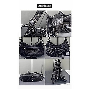 PODODNOE Women's Punk Style Rivet Satchel Handbags - PU Leather Shoulder Purses with Half Moon Underarm and Hobo Bags (Black)