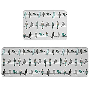 2 PCS Cushioned AntiFatigue Kitchen Mats and Rugs,Birds Florals Absorbent Floor Bath Door Mat Non-Slip Doormat Accent Runner Carpet Washable Comfort Standing Mat Retro Teal Plaid Boho Polka Dot