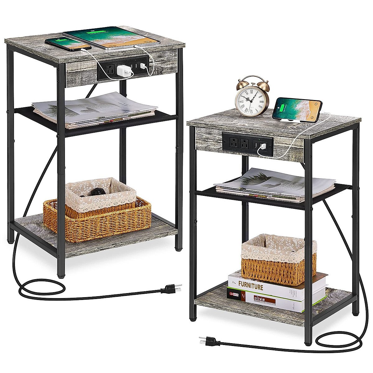 Set of 2 Nightstand with Charging Station, 3 Tier End Table with USB Ports & Power Outlets, Narrow Side Table for Small Spaces, Bedside Tables for Bedroom, Living Room, Gray