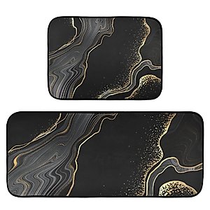 Kitchen Mats Rugs 2 Piece Set Bath Mat Antifatigue Cushioned Gold Black Marble for Floor Non Slip Washable (color4)