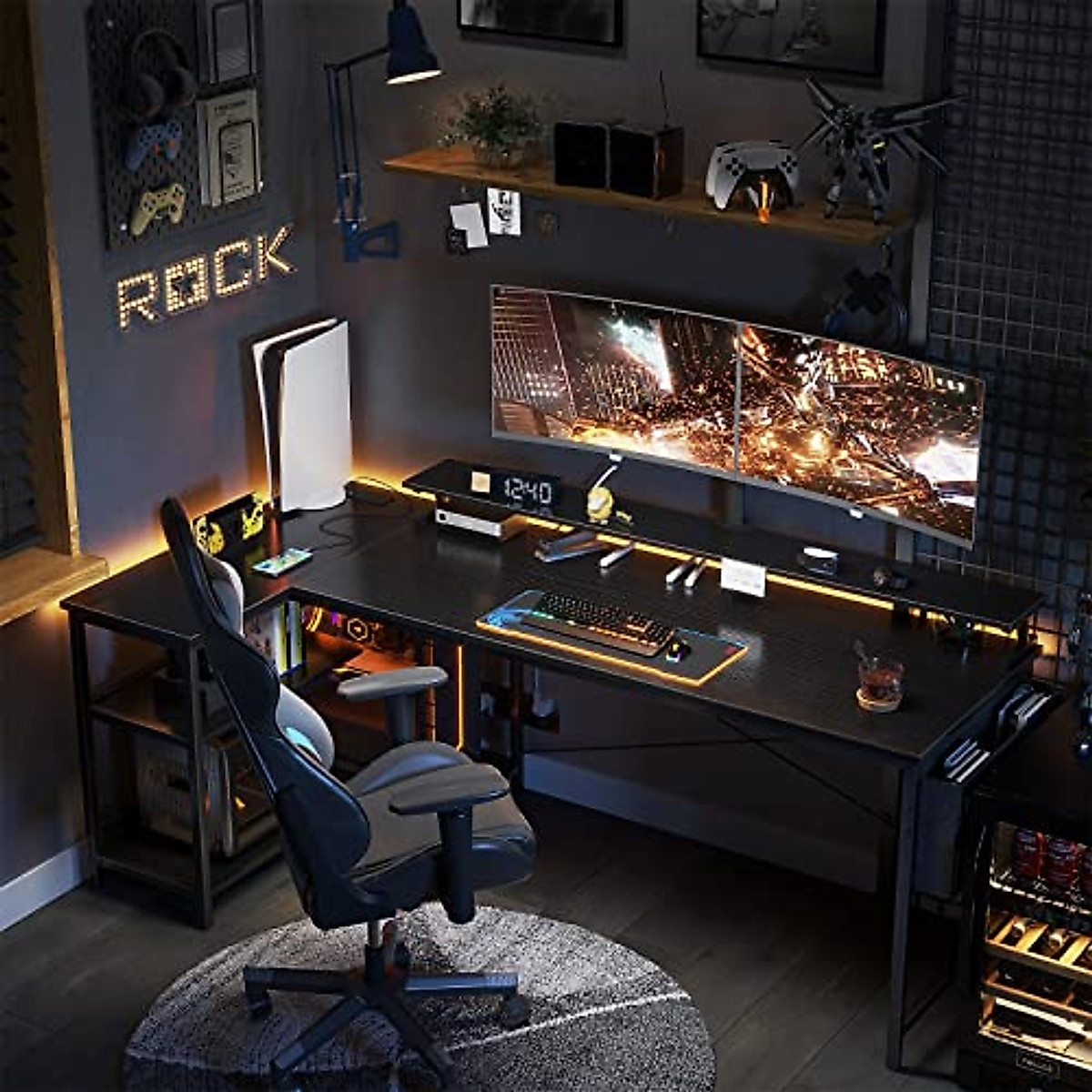 ODK L Shaped 66 Inch Computer Desk with USB Charging Port & Power Outlet, L-Shaped Gaming Desk with Storage Shelves & Monitor Shelf for Home Office Workstation, Modern Writing Table, Black