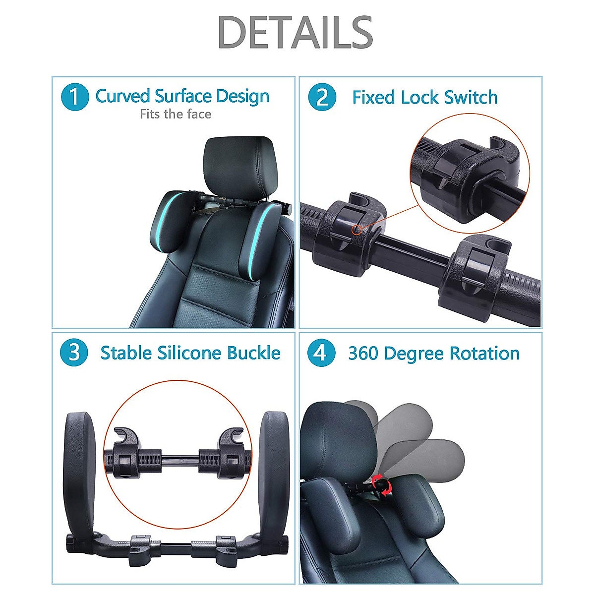 Rajvia Car Headrest Pillow, Car Pillow for Head and Neck Support, Sleeping Travel Car Seat Pillow, U Shaped Side Sleep Head Pillows Fits Kids Adults and Elders. (Black)