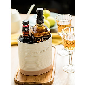 YHOSSEUN Utensil Holder for Kitchen Counter, Oval Utensil Crock Rustic Utensil Organizer for Countertop, 6.7" Ceramic Kitchen Tool Holder Two-tone Finish, Housewarming Cooking Gifts