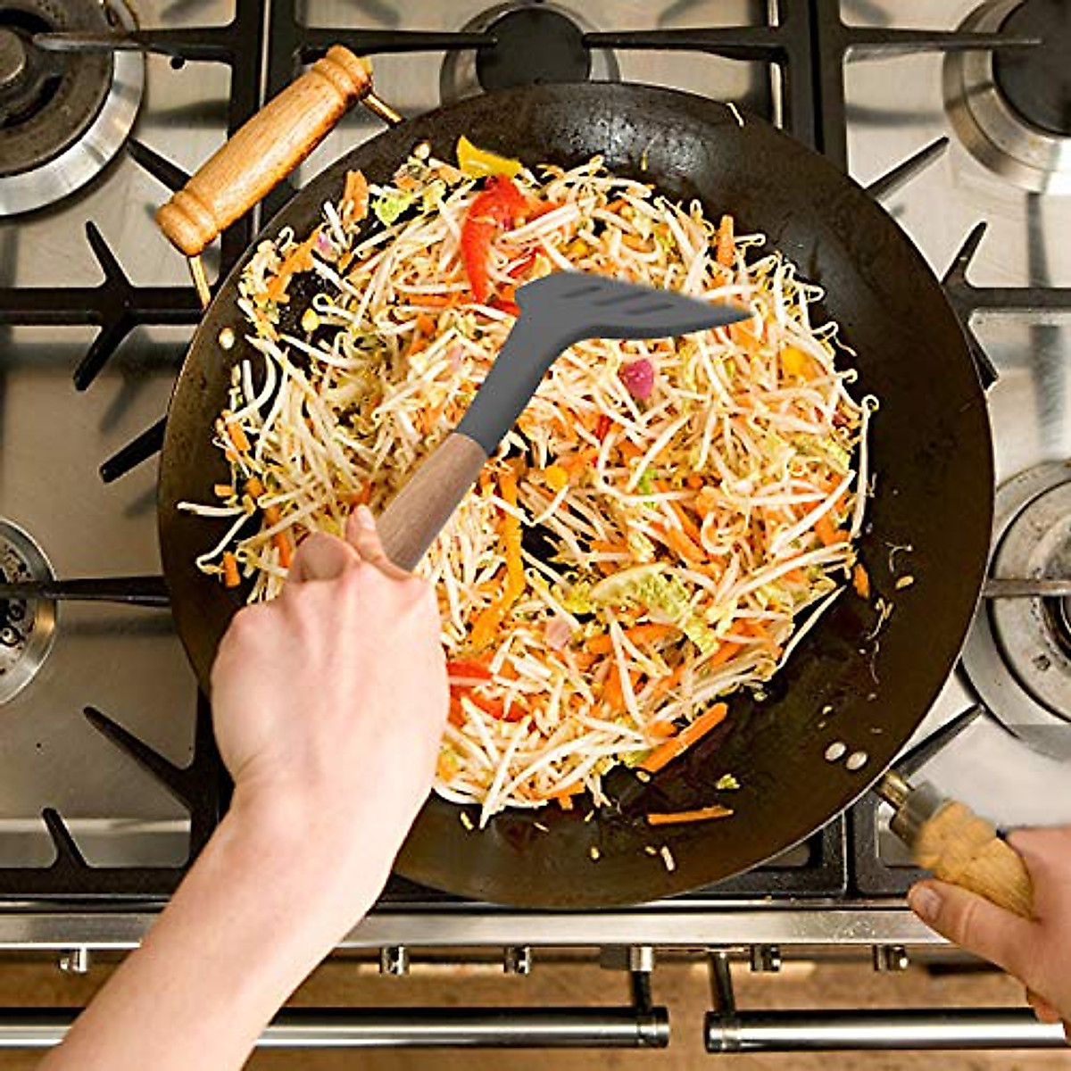 KUFUNG Silicone Slotted Spatula, High Heat Resistant to 480°F, BPA Free, Food Grade Slotted Turner, Wooden Handle Nonstick Flipper for Fish, Eggs, Omelets, Burgers, Hashbrowns, Pancake (Grey)