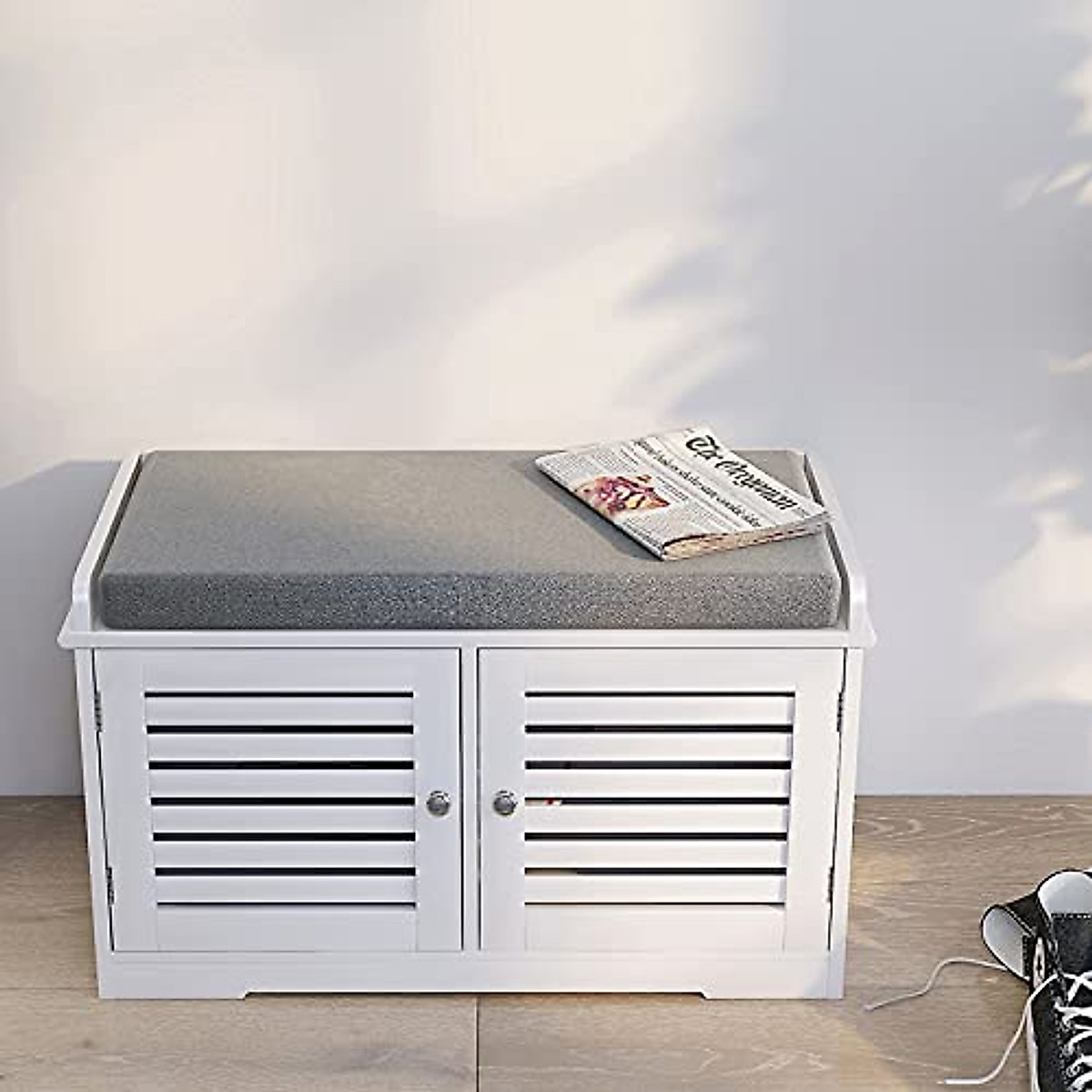 RASOO Shoe Storage Benches White Shoe Rack Bench with 2 Doors & Padded Seat Cushion in Grey Shoe Cabinet Shoe Entryway Bench with Shoe Organizer