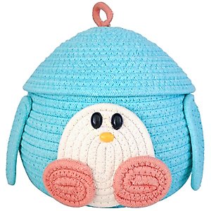 JARPSIRY Small Round Cotton Rope Woven Storage Basket with Lid, Cute Cartoon Animal Shaped Decorative Storage Bin Box, Caddy Organizer, Container for Snacks and Toys (Penguin)