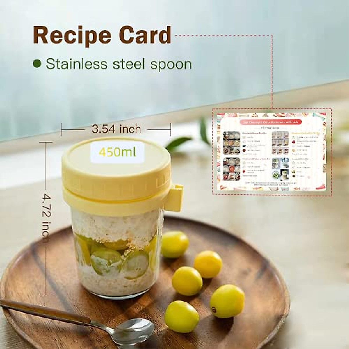 Suli Overnight Oats Container with Lid and Spoon, Recipe, 16 oz Glass Overnight Oats Jars, Wide Mouth Airtight Mason Jars, Milk Vegetable and Fruit Salad Storage with Measurement Marks (Grey)