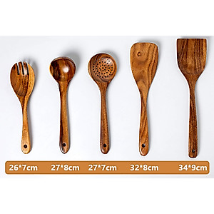 Wooden Kitchen Utensils Set, 5 PCs Natural Acacia Spurtle Set for Non-stick Pan Kitchen Tool Ladle and Wok Spatulas, Salad fork