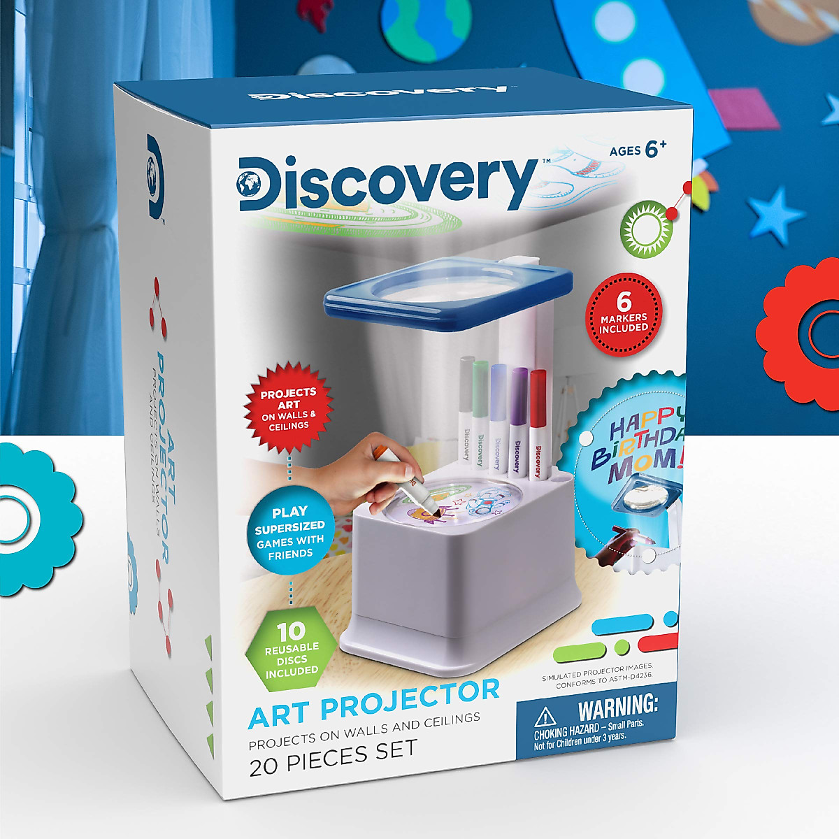 Discovery Kids Art Projector with Six Dry Erase Markers and 10 Reusable Drawing Discs, Draw on Reusable Transparent Sheets, Magnify and Project Art onto Ceilings, Walls, and More