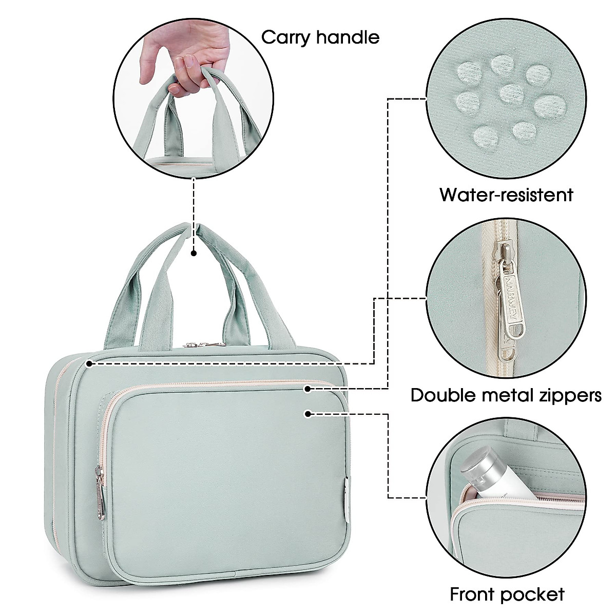 Narwey Hanging Toiletry Bag for Women Travel Makeup Bag Organizer Toiletries Bag for Travel Size Essentials Accessories Cosmetics (Mint Green (Medium))