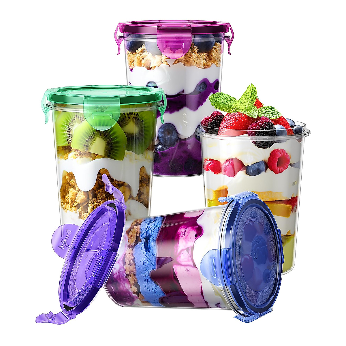 KEMETHY 4 Pcs Overnight Oats Containers with Lids, 16 oz Airtight Oats Jars, BPA Free Plastic, Reusable, Portable Meal Prep Containers Sets for Oatmeal, Yogurt, Cereal, Soup, Snacks, Milk and More