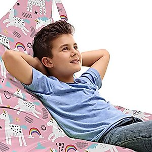 Lunarable Unicorn Lounger Chair Bag, Hand-Drawn Style Horses and Rainbows Fantasy Theme, High Capacity Storage with Handle Container, Lounger Size, Multicolor