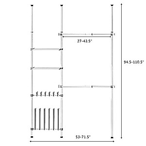 DORTALA Adjustable Clothes Hanger, Floor to Ceiling Tension Rod w/ Storage Shelf & Shoe Hooks, Garment Hanger Rod w/ Inner Spring, Telescopic Clothes Rack System for Living Room, Bedroom